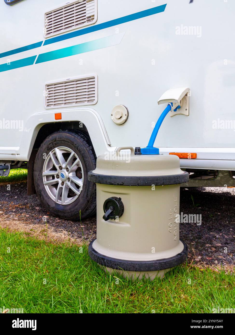 Aqua Roll water supply system connected to a touring caravan on a ...