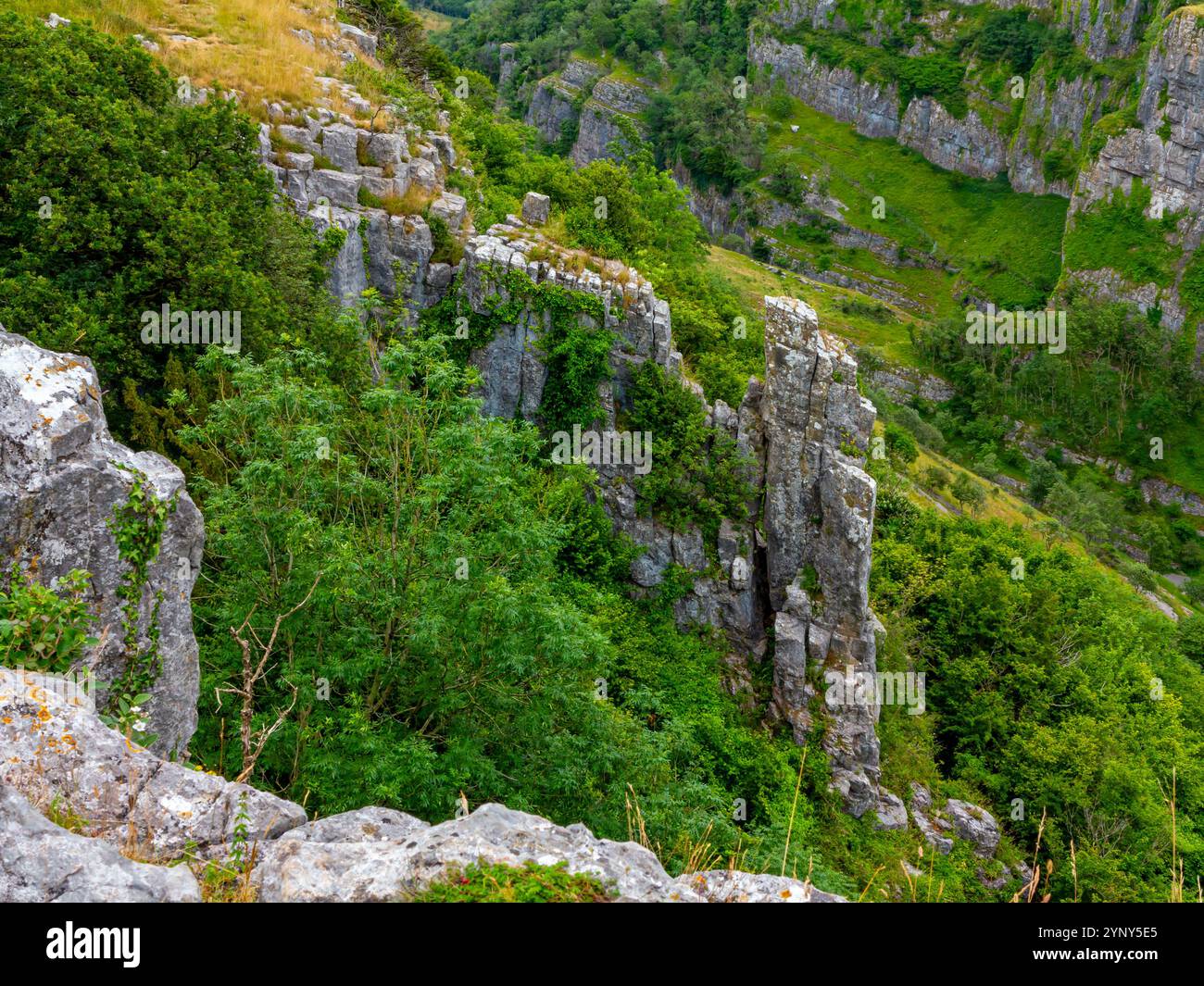 View of the carboniferous limestone cliffs at Cheddar Gorge a tourist ...