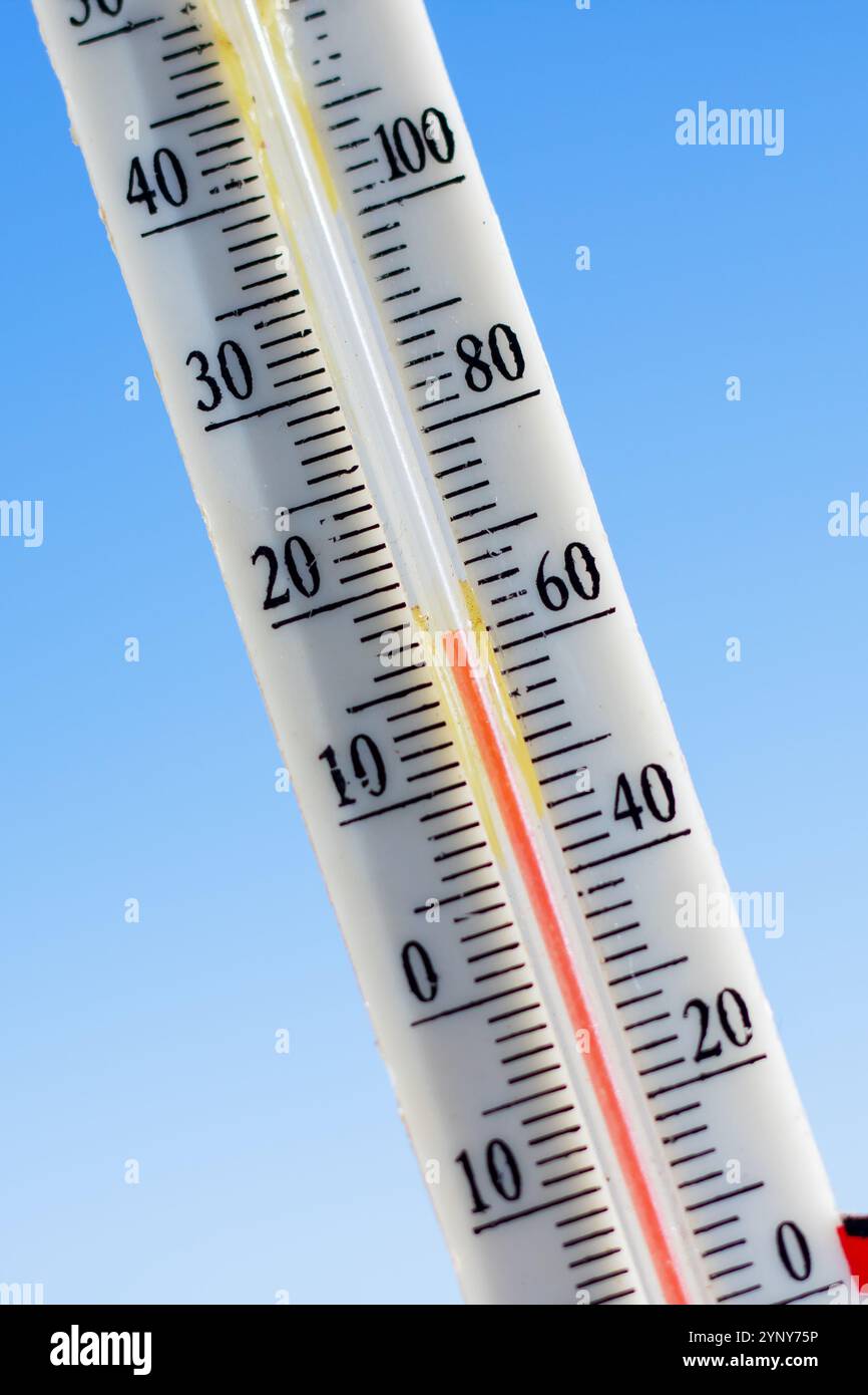 This image features a closeup of a thermometer that is indicating a ...