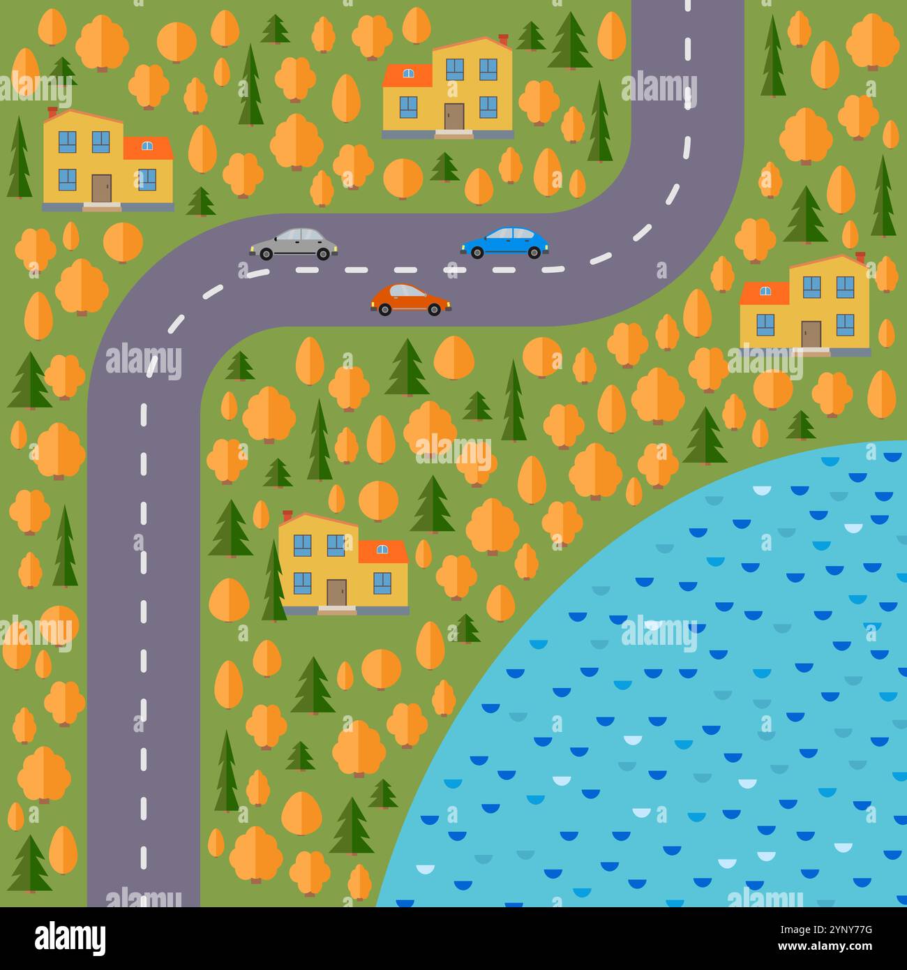 Plan of village. Landscape with the road, forest, lake, cars and houses ...