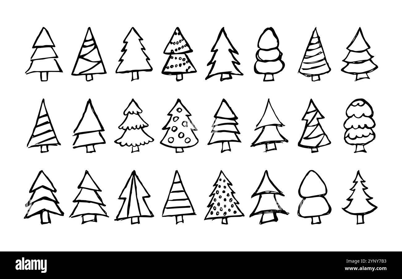 Hand drawn Christmas trees. Set of sixteen monochrome sketched ...