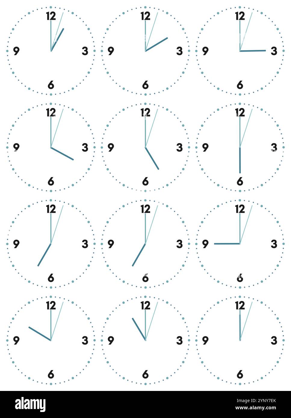A set of mechanical clocks with an image of each of the twelve hours. Clock face on white ...