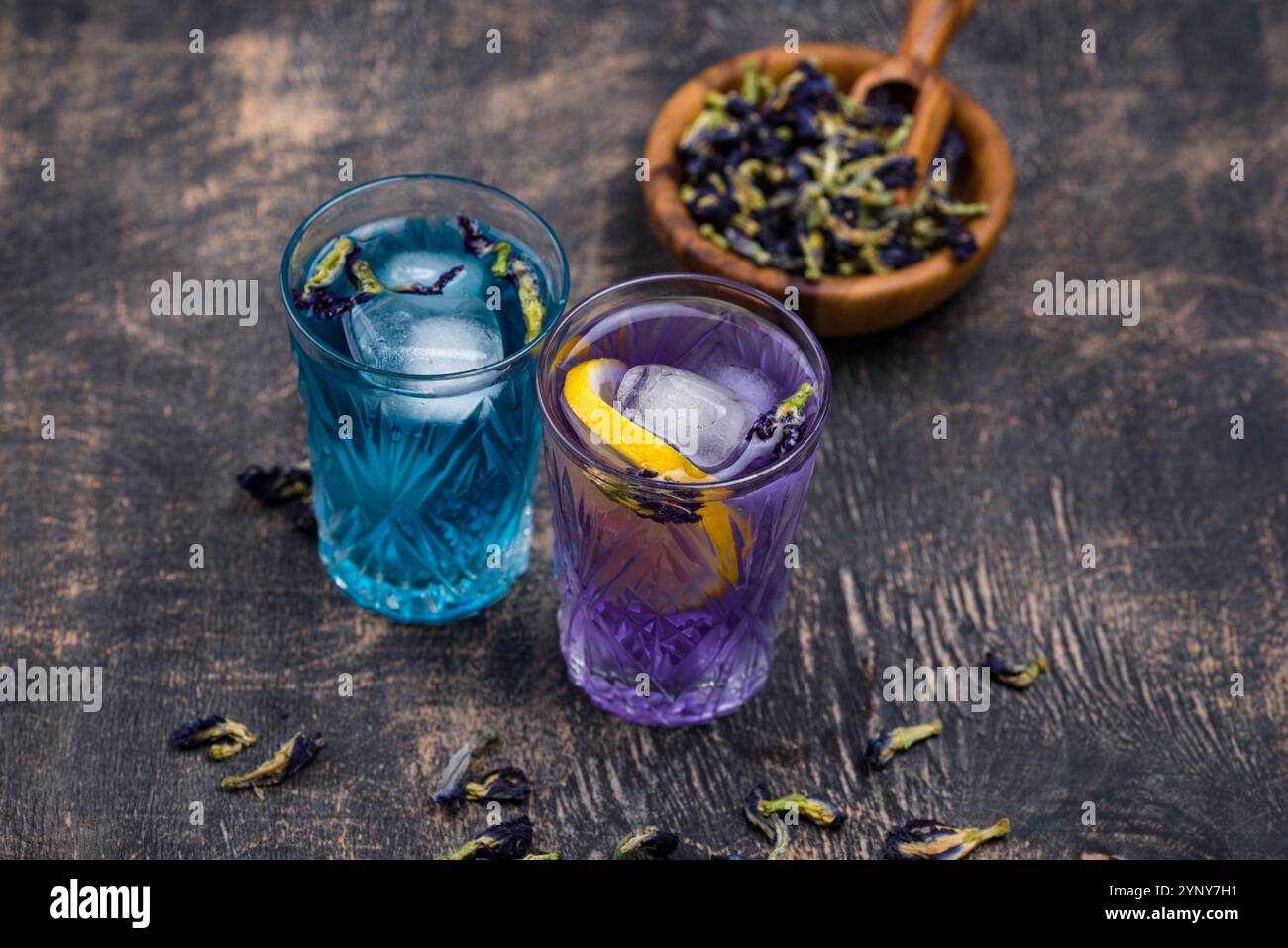 Cold blue and purple tea Butterfly pea Stock Photo - Alamy