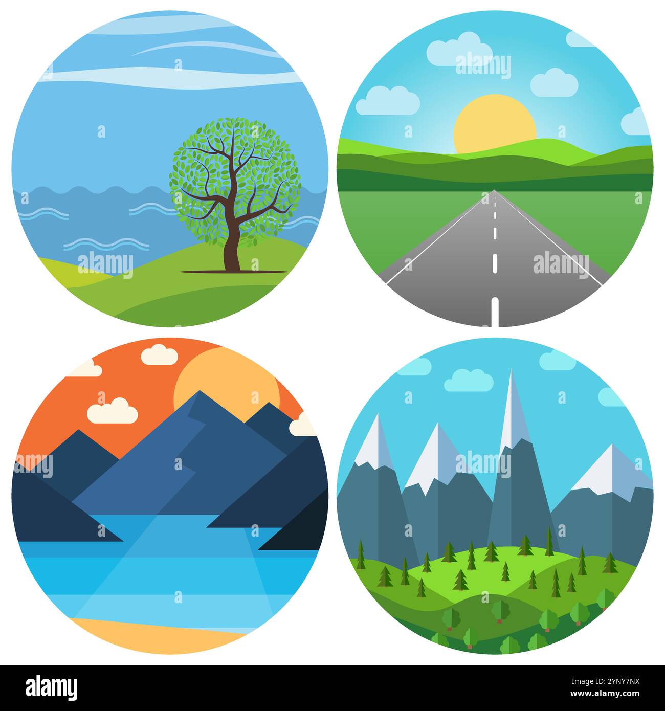 Set of four different vector cartoon landscape in circle. Natural ...