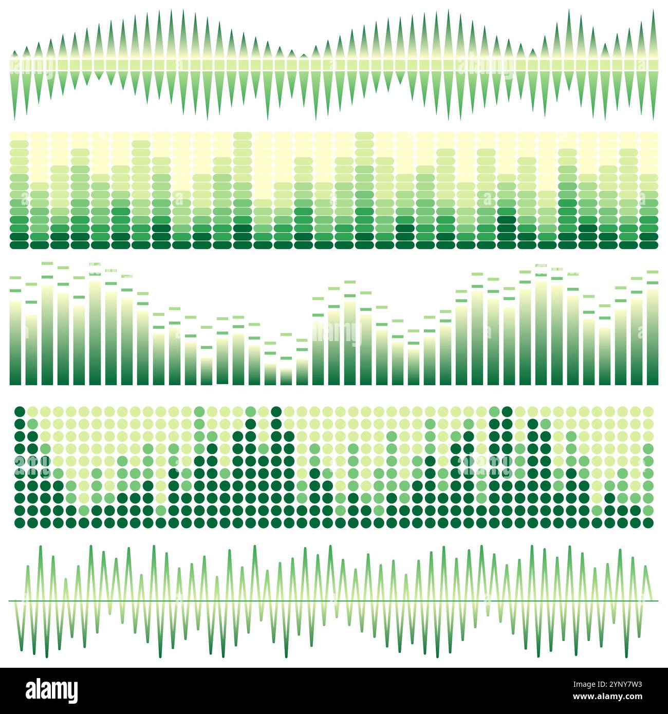 Vector set of green sound waves. Audio equalizer. Sound & audio waves isolated on white ...