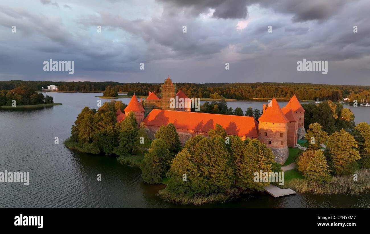 Aerial view of a majestic castle on an island by a tranquil lake Trakai ...