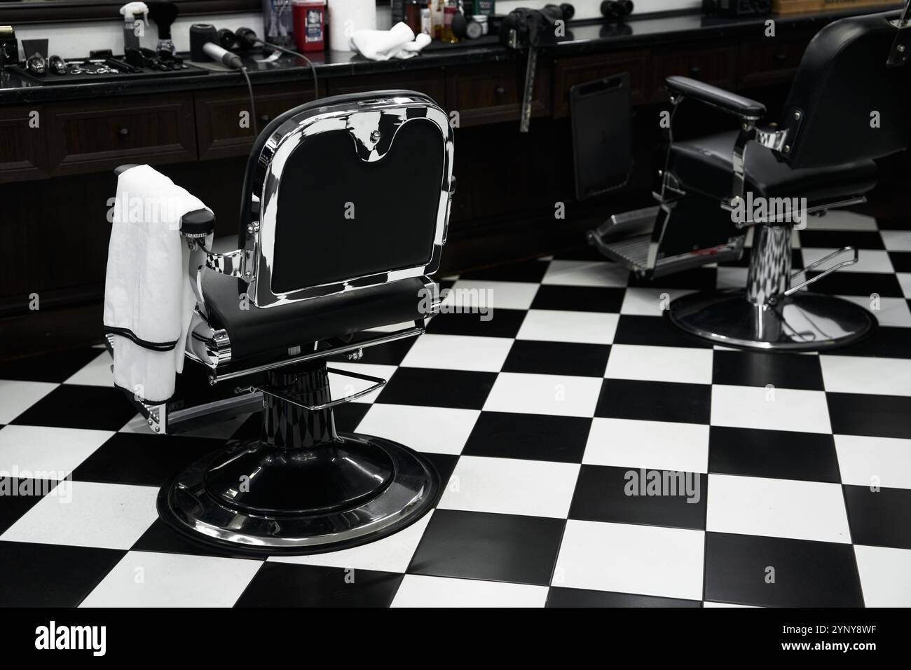 Classic barber shop interior with black and white checkered floor ...
