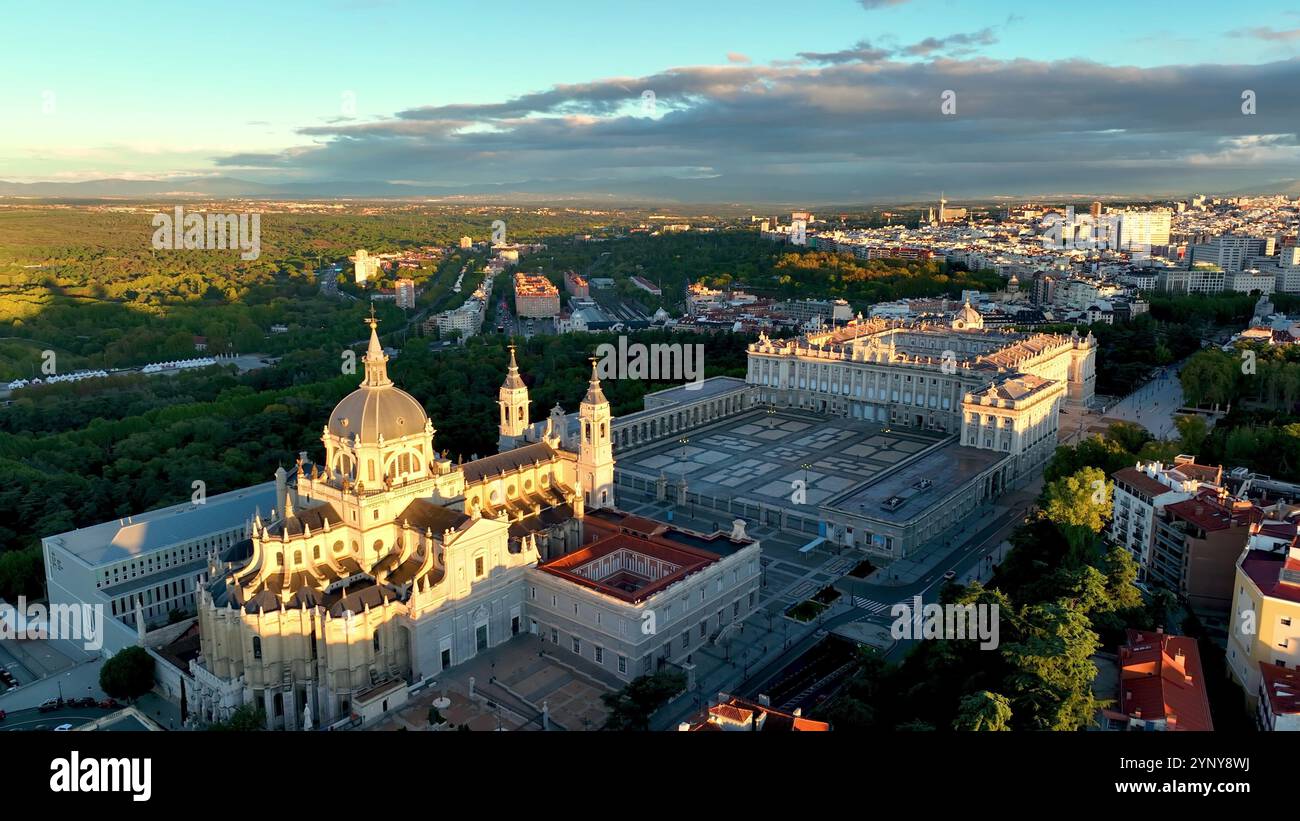 Beautiful panoramic view of a historic cathedral and skyline in Madrid ...