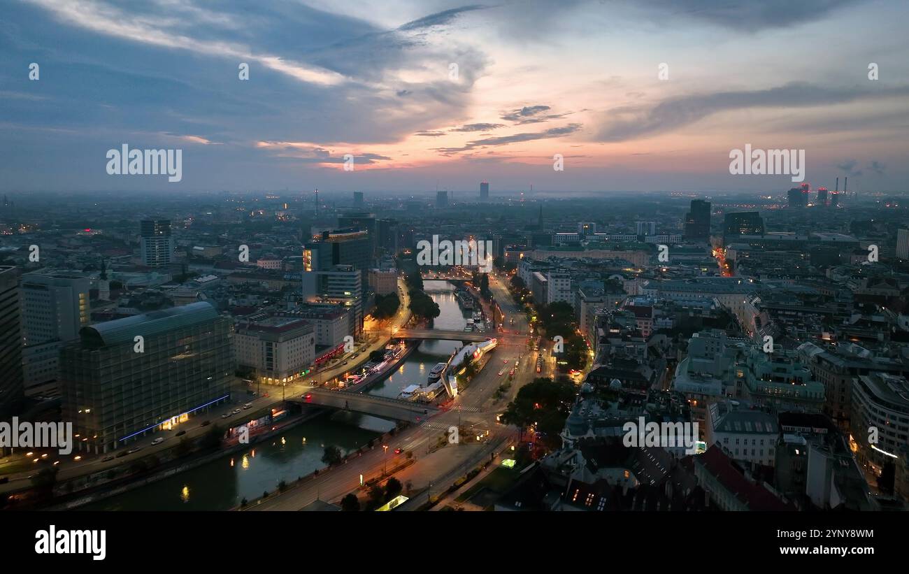 Aerial view of famous places Vienna skyline at night, Austria. Old town ...