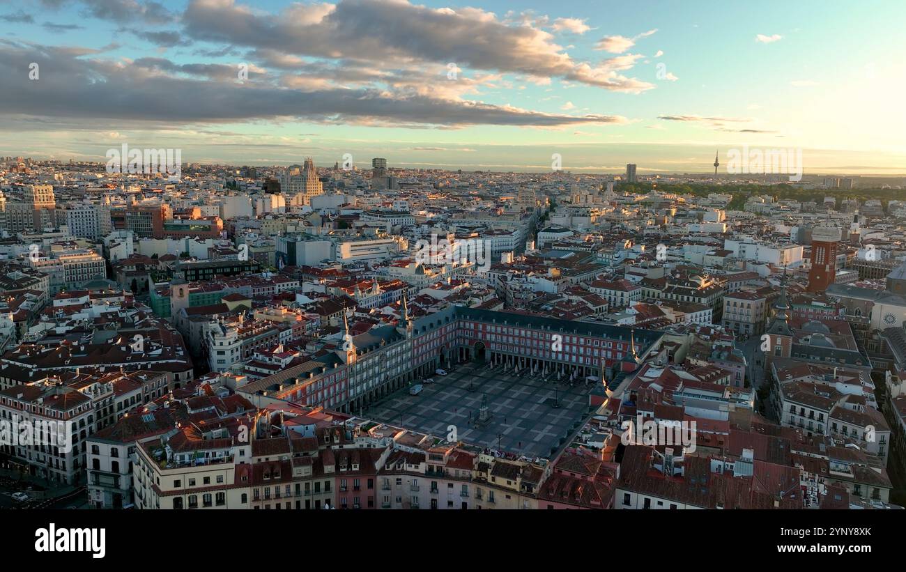 Aerial view of historical downtown of Madrid city in Spain. plaza mayor ...