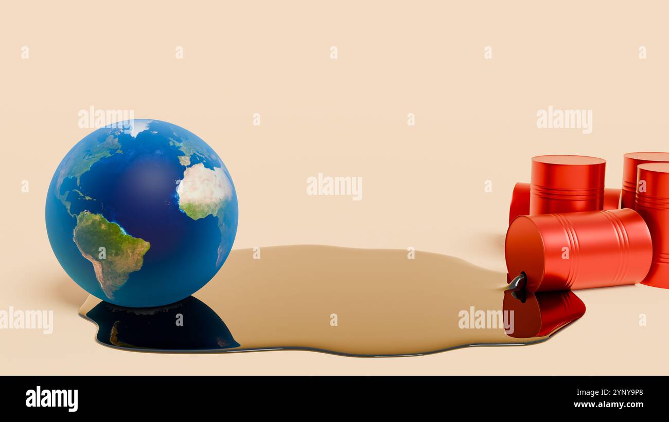 Oil splilled from barrel on planet earth, 3d rendering. Digital ...