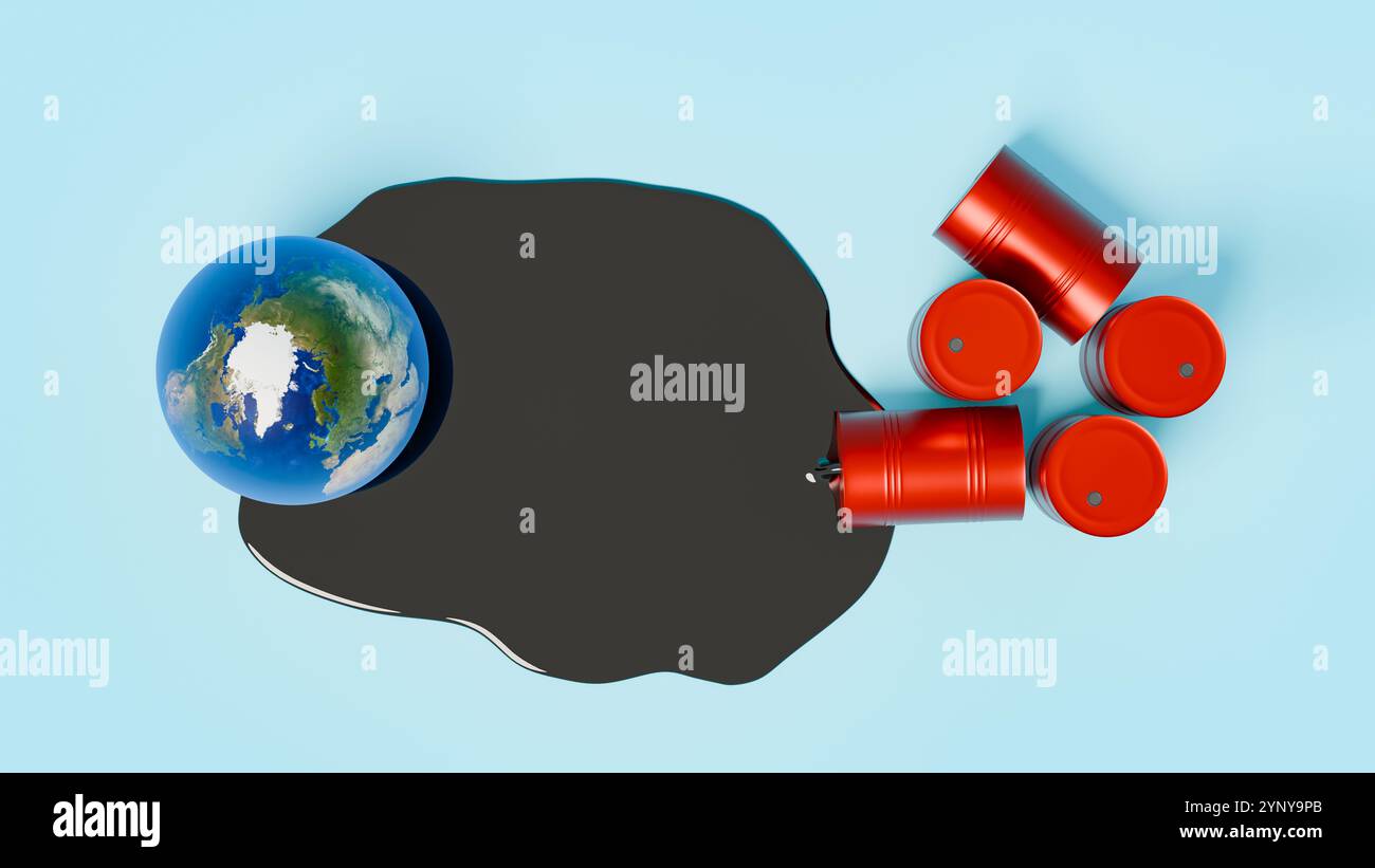 Oil splilled from barrel on planet earth, 3d rendering. Digital ...