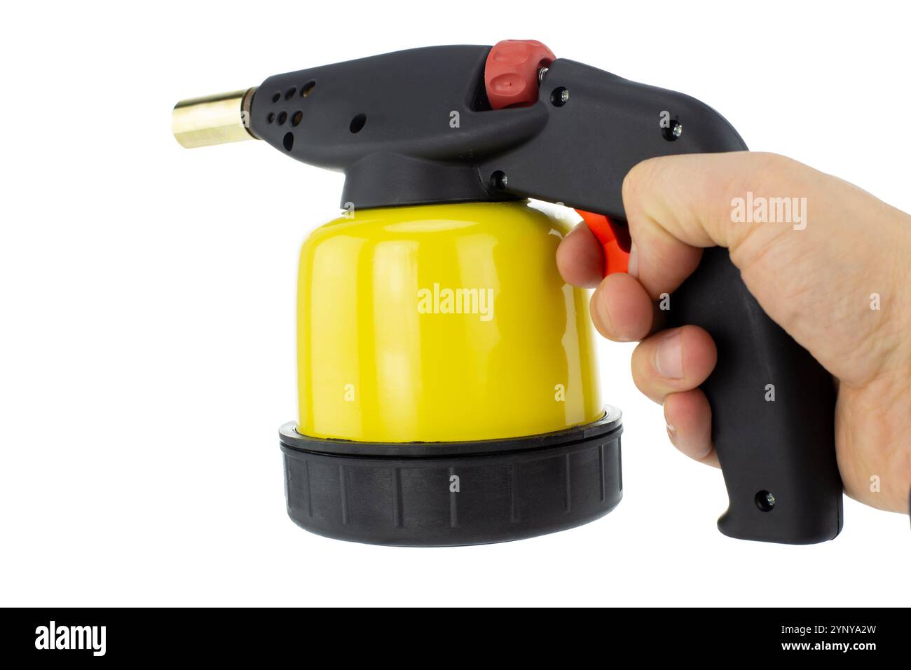 Hand Holding Gas Heat Gun with Yellow Cylinder Stock Photo - Alamy