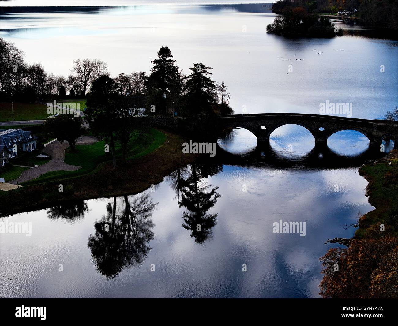 Aerial drone view of Kenmore Bridge and Loch Tay Stock Photo - Alamy