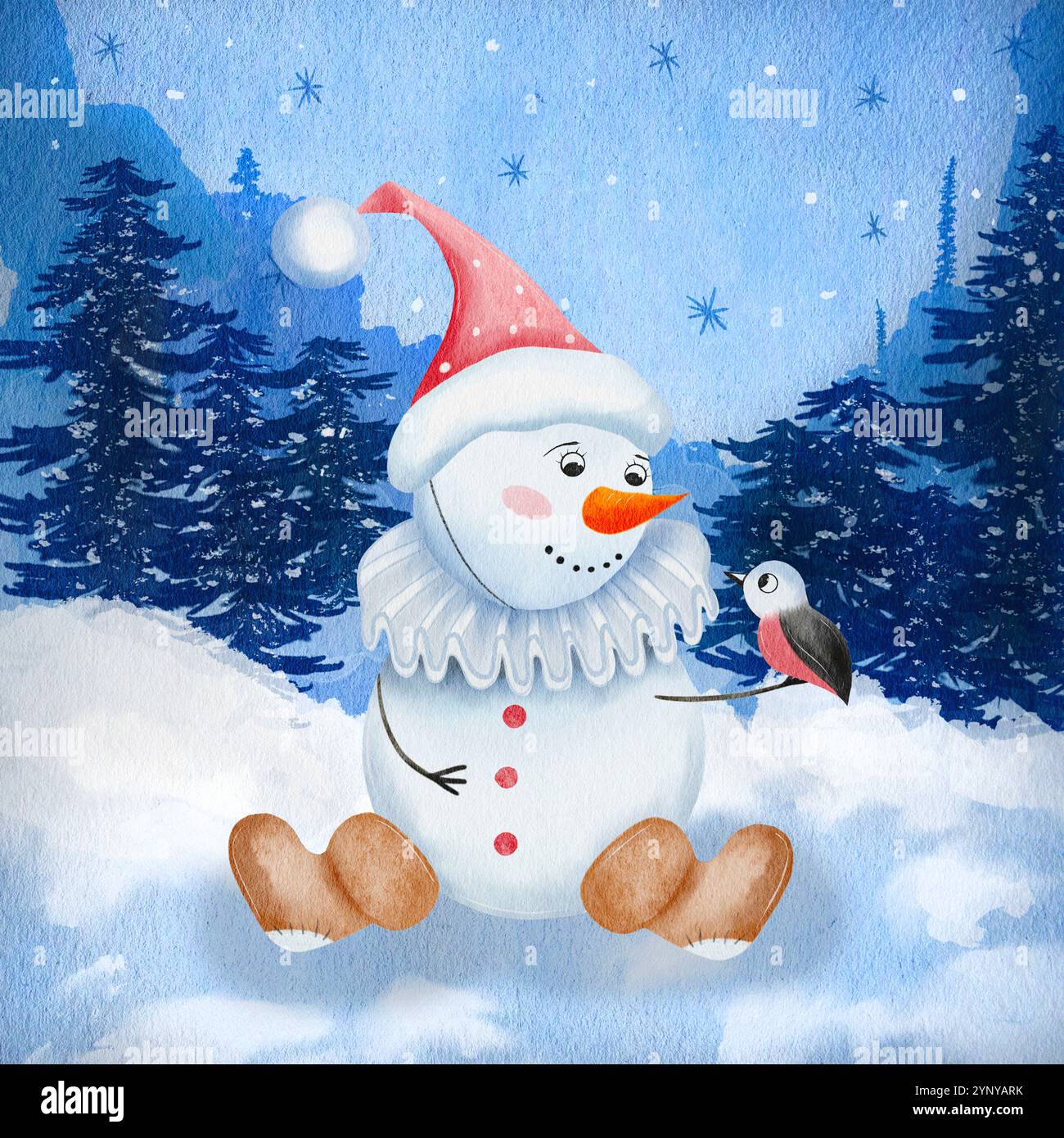 Christmas winter scene. Snowman in the winter forest. Night, snowflakes ...