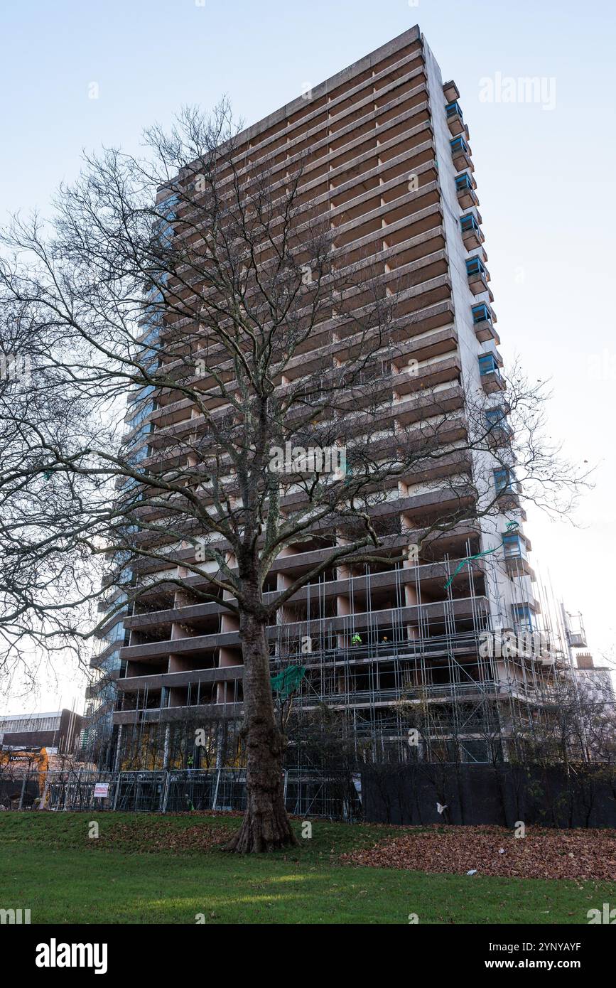 London, UK. 26th November, 2024. Demolition works for the 26-storey reinforced concrete Maydew ...
