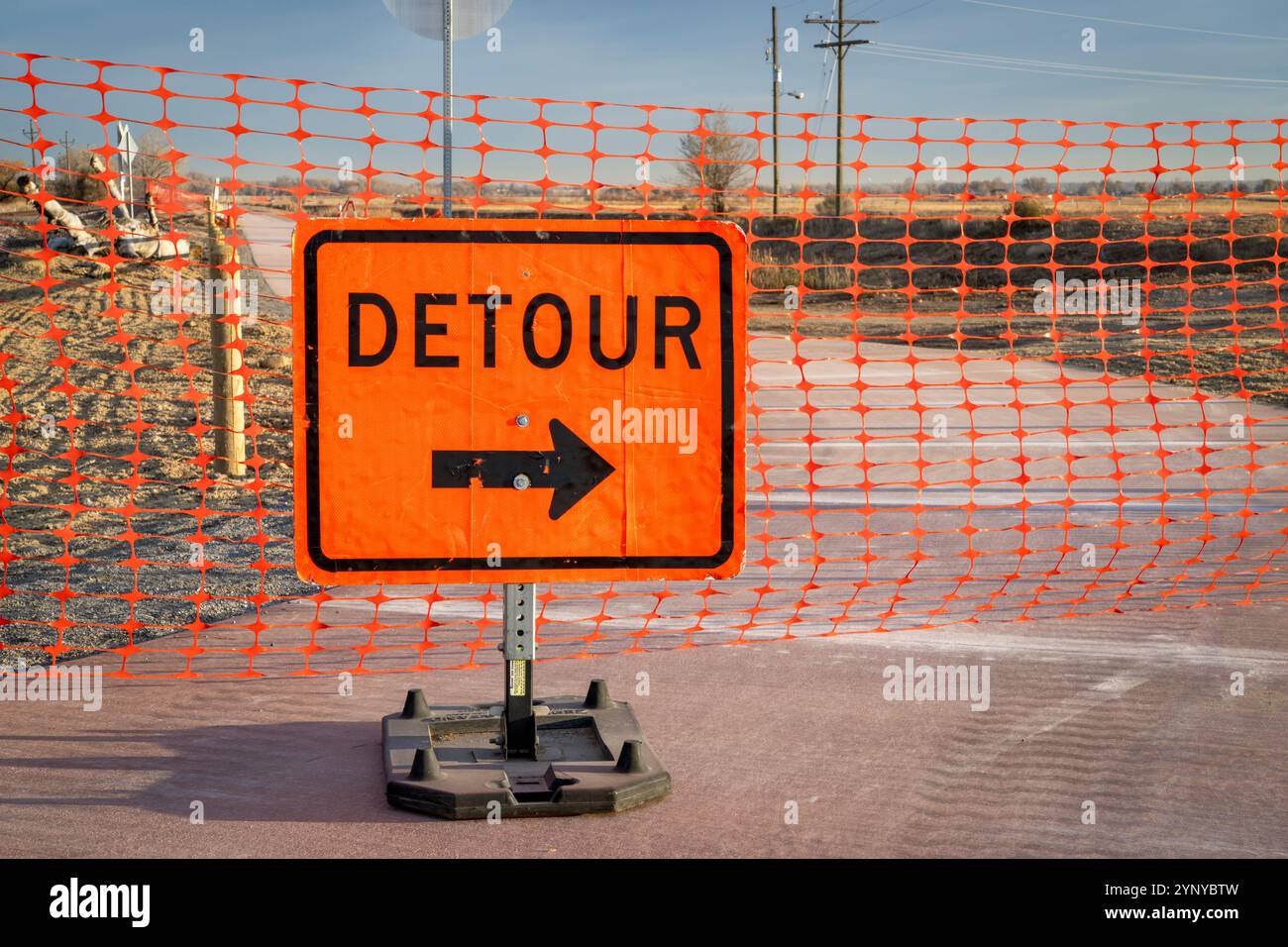 detour sign and barrier at a construction of a bike trail in Fort ...