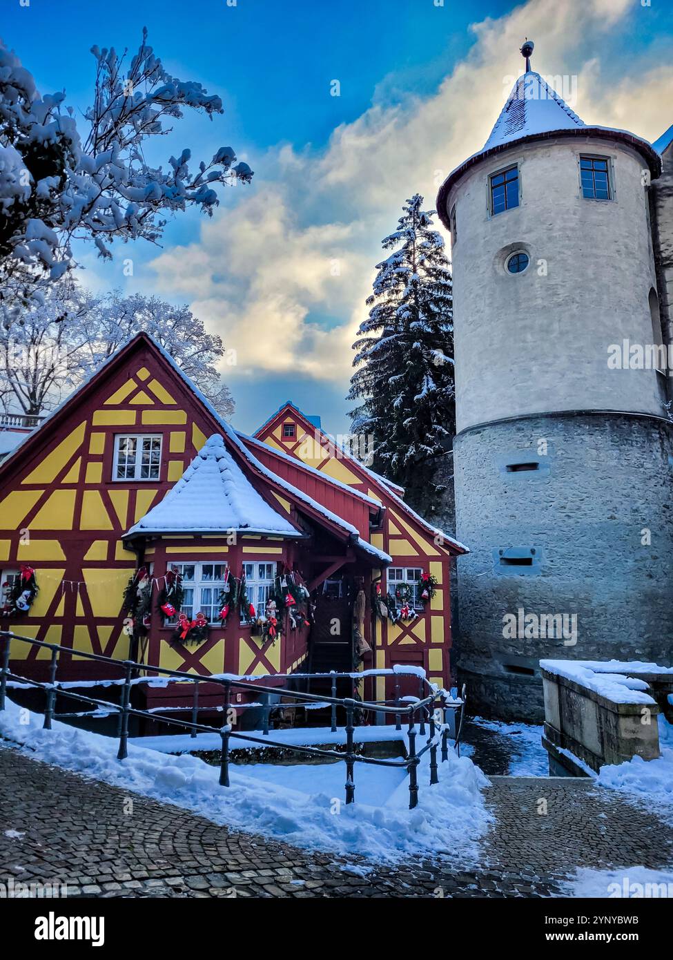 View of Germany's oldest mills with Christmas scenery and castle in a ...