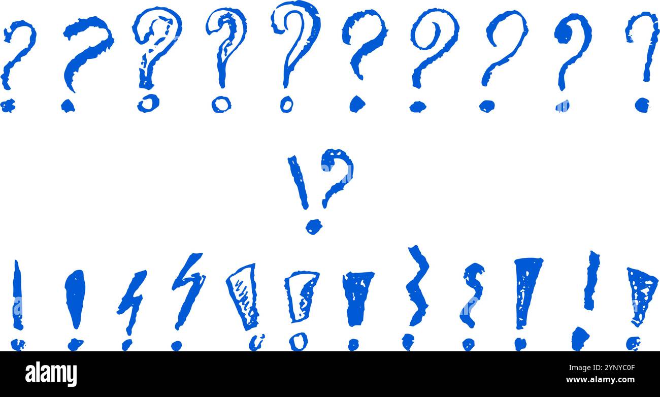 Exclamation and question marks symbols set. Blue crayon hand written ...