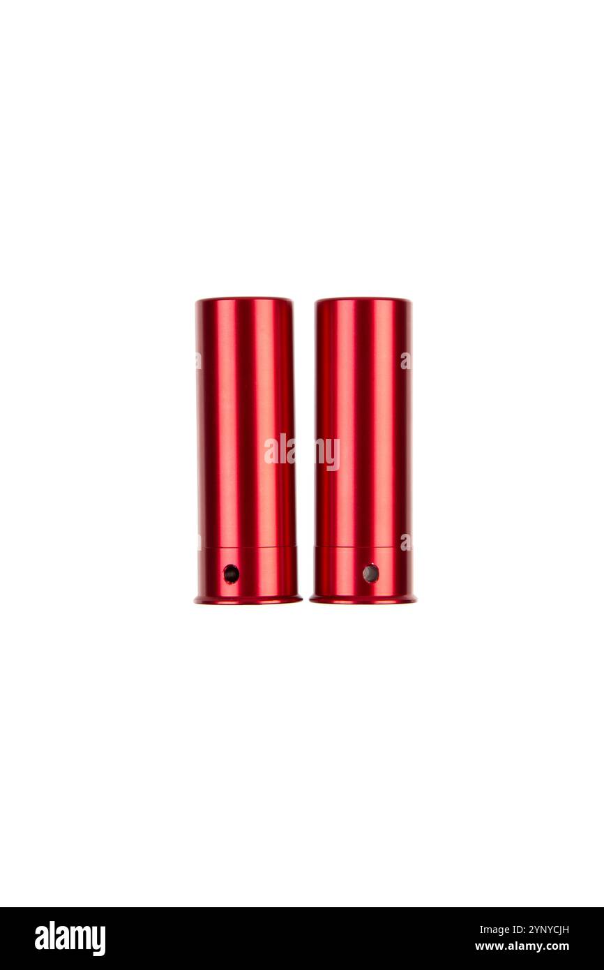 Two red 12-gauge dummy shotgun shells for safe dry firing, isolated on ...