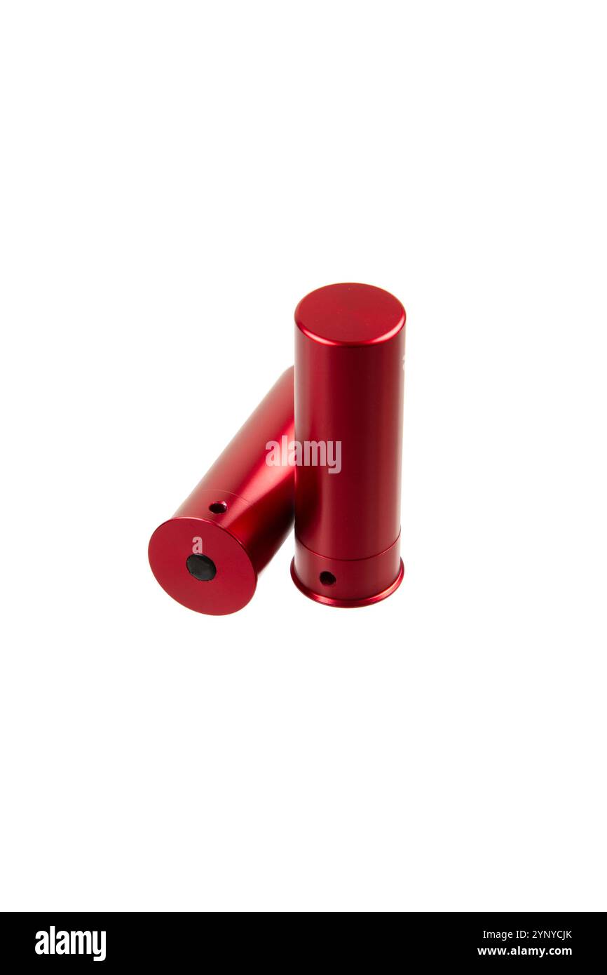 Two red 12-gauge dummy shotgun shells for safe dry firing, isolated on ...