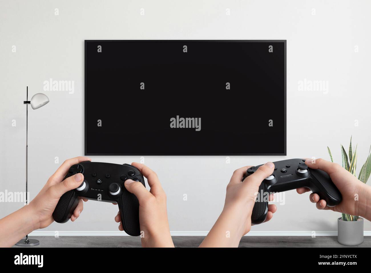 Two players holding gamepad in front of a TV with a blank screen ...