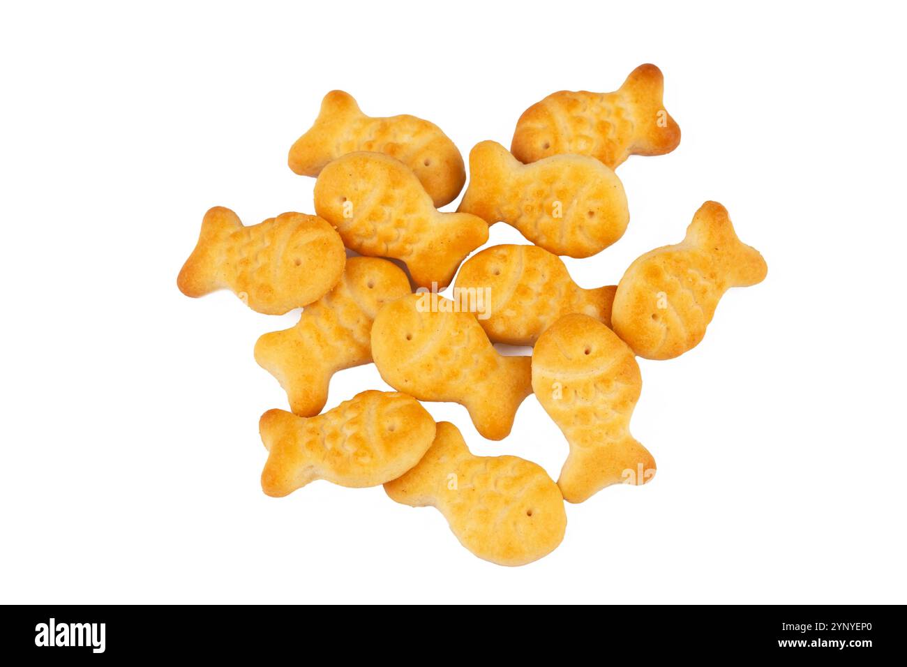 Yellow fish crackers on isolated white background Stock Photo - Alamy