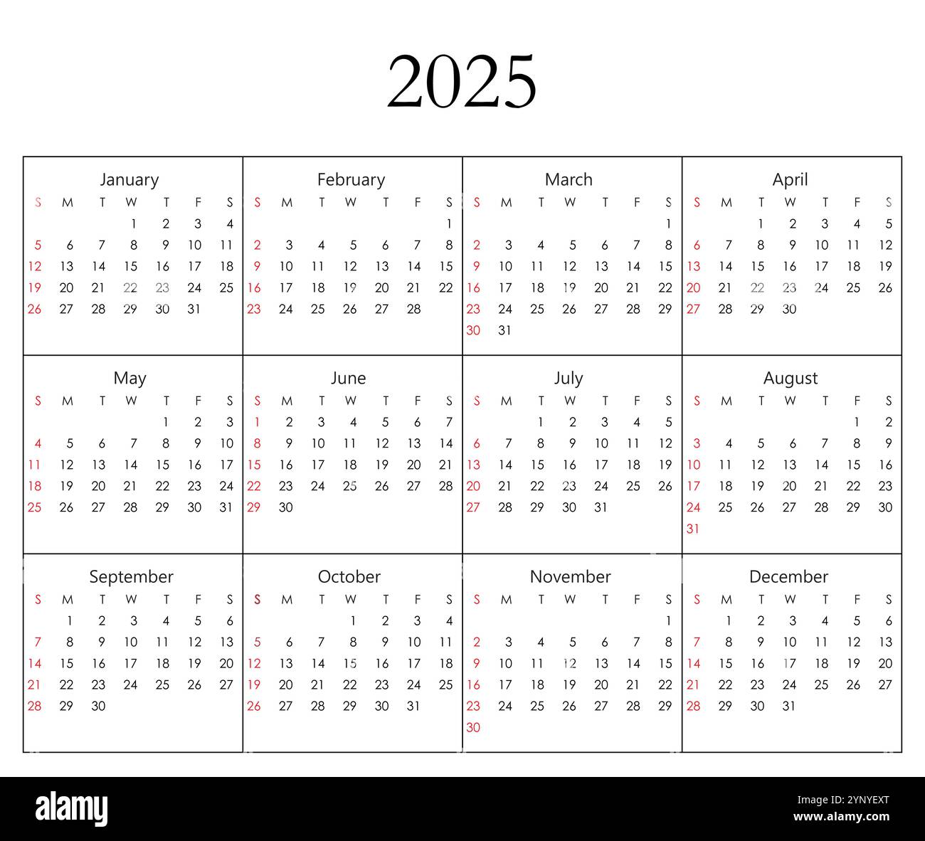 Calendar 2025 year. The week starts on Sunday Stock Vector Image & Art ...