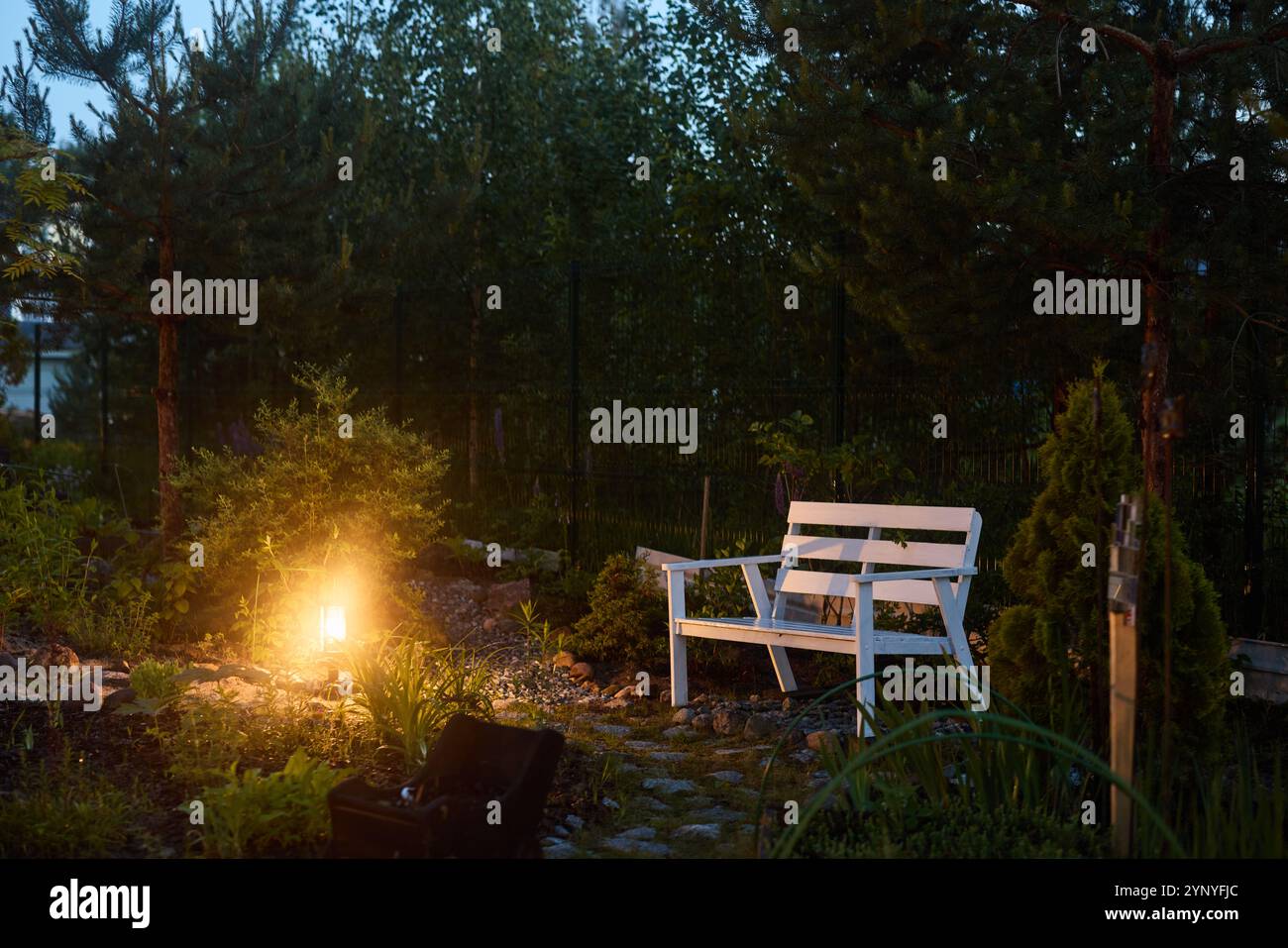 A Serene Garden Evening Featuring an Illuminated Bench Set Among Lush ...