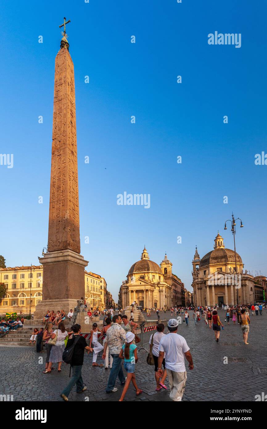 Rome, Italy, July 2017, Crowded Piazza del Popolo with historic obelisk ...
