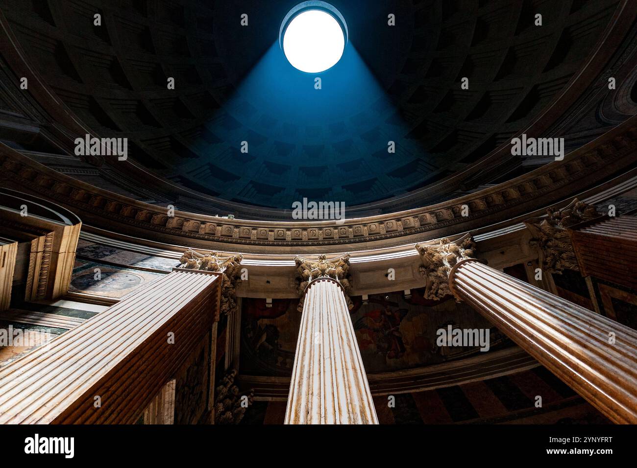 Rome, Italy, July 2017, A beam of sunlight pierces the Pantheon dome ...