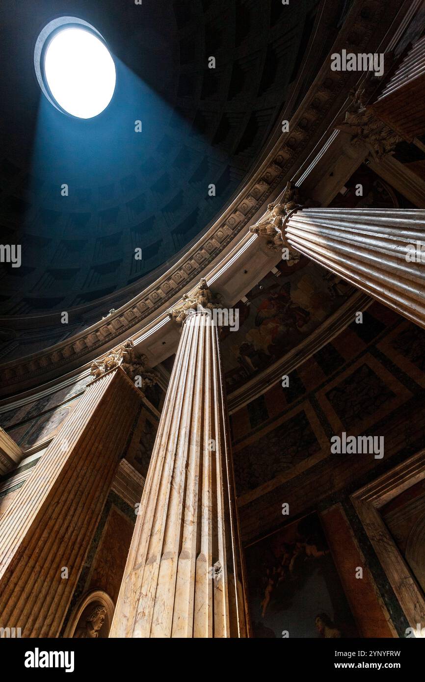 Rome, Italy, July 2017, A beam of sunlight pierces the Pantheon dome ...
