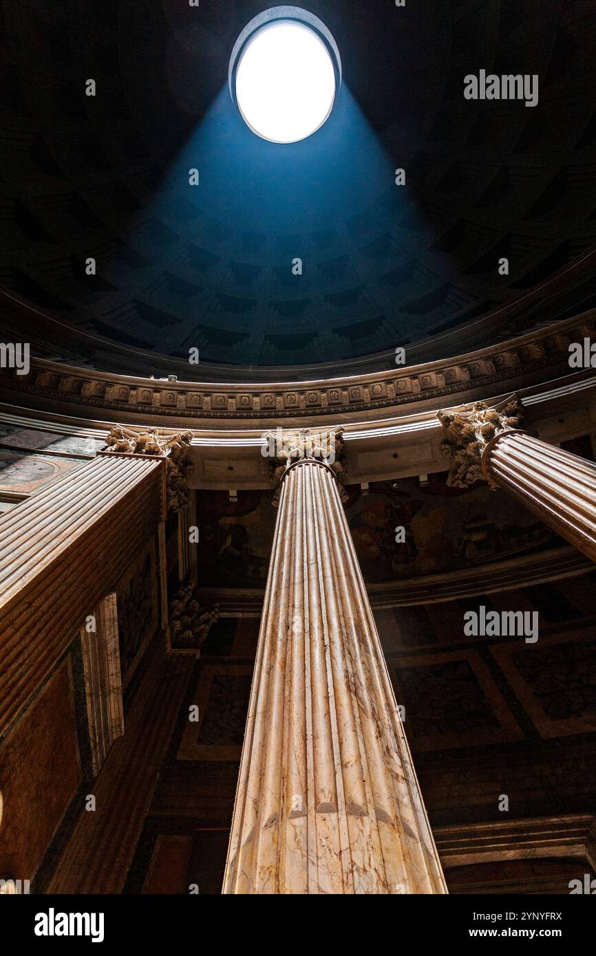 Rome, Italy, July 2017, A beam of sunlight pierces the Pantheon dome ...