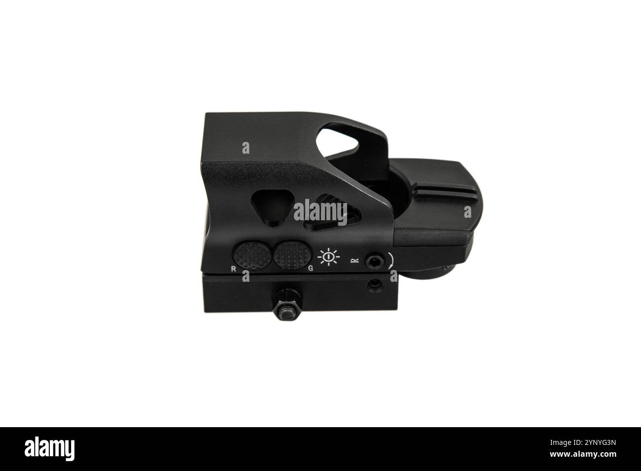 A black tactical reflex sight with adjustment knobs and a mounting base ...