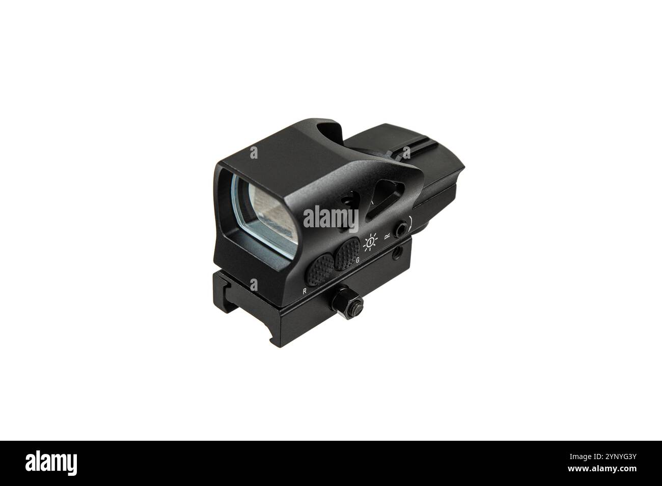 A black tactical reflex sight with adjustment knobs and a mounting base, designed for precision ...
