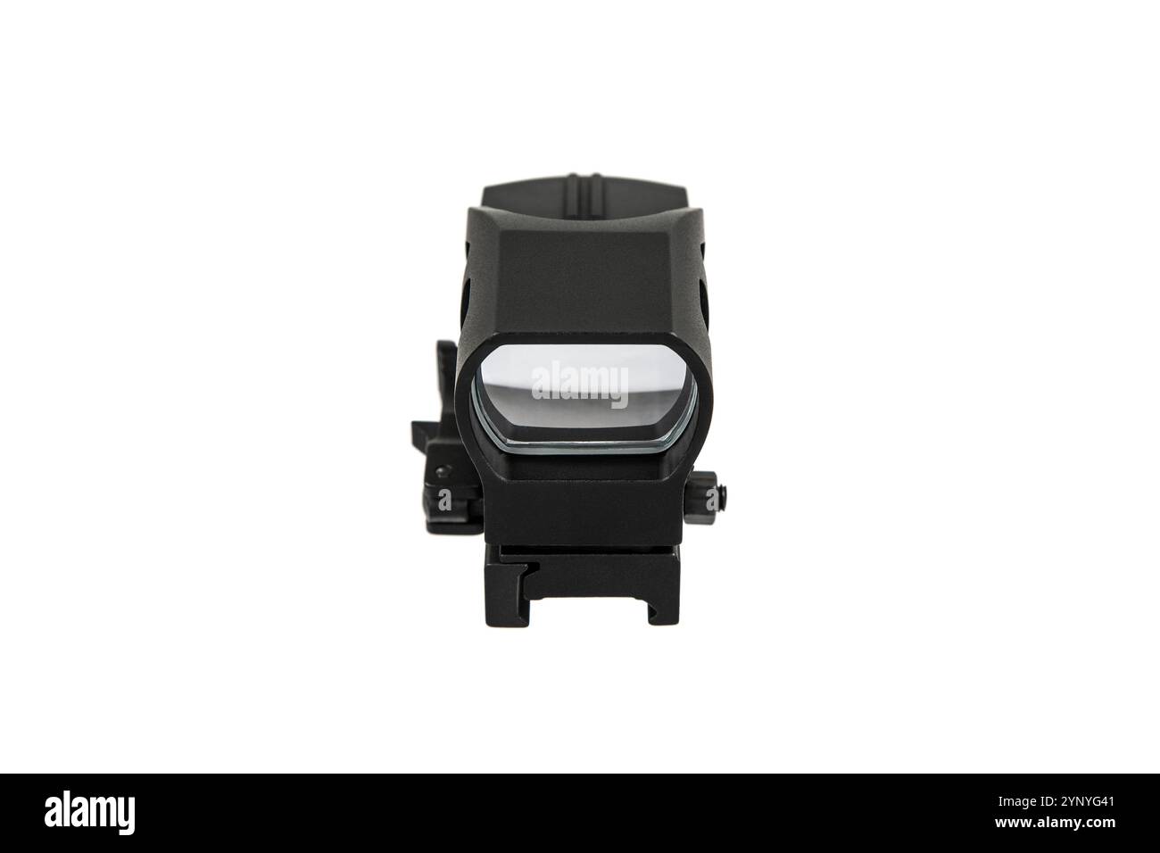 A black tactical reflex sight with adjustment knobs and a mounting base, designed for precision ...