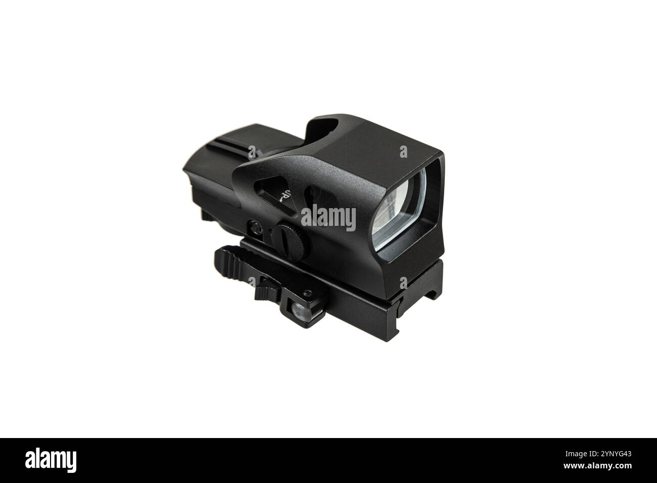 A black tactical reflex sight with adjustment knobs and a mounting base, designed for precision ...
