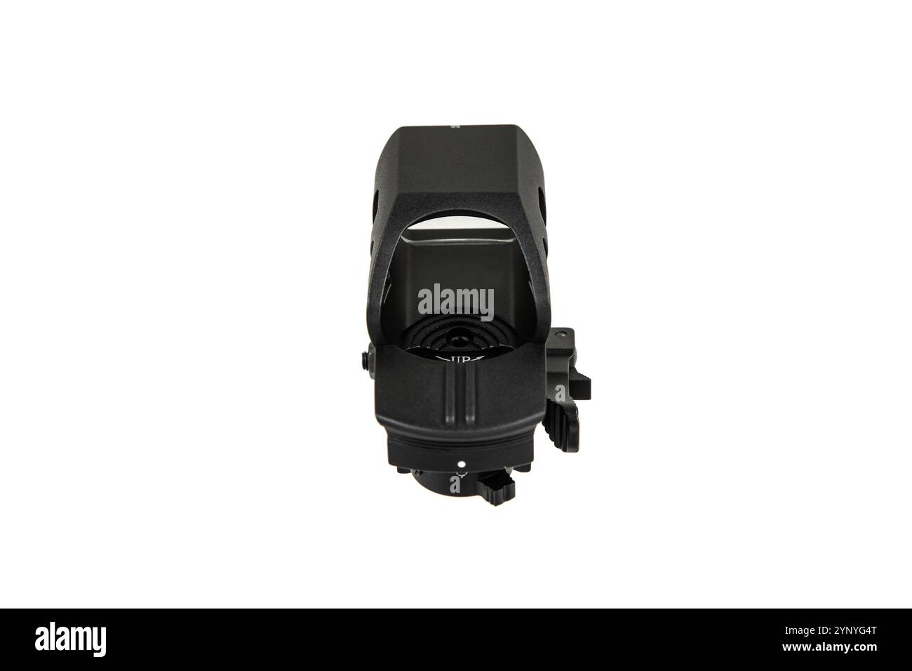 A black tactical reflex sight with adjustment knobs and a mounting base, designed for precision ...