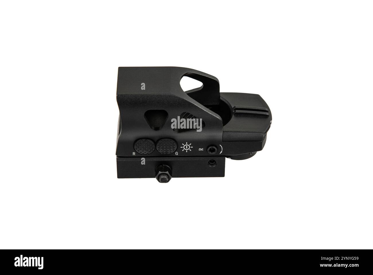 A black tactical reflex sight with adjustment knobs and a mounting base, designed for precision ...