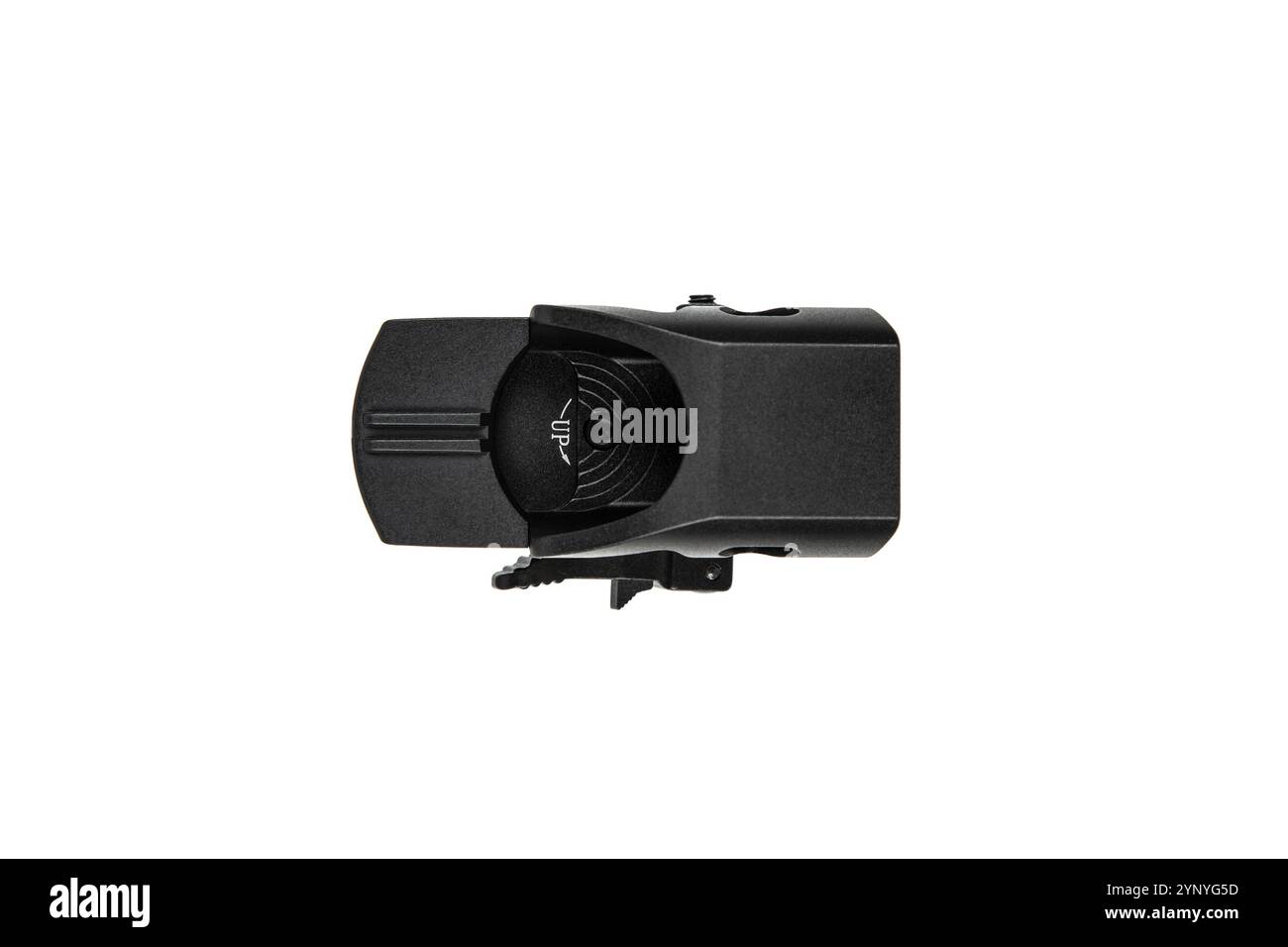 A black tactical reflex sight with adjustment knobs and a mounting base, designed for precision ...