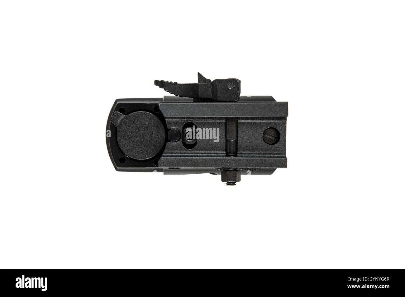 A black tactical reflex sight with adjustment knobs and a mounting base ...