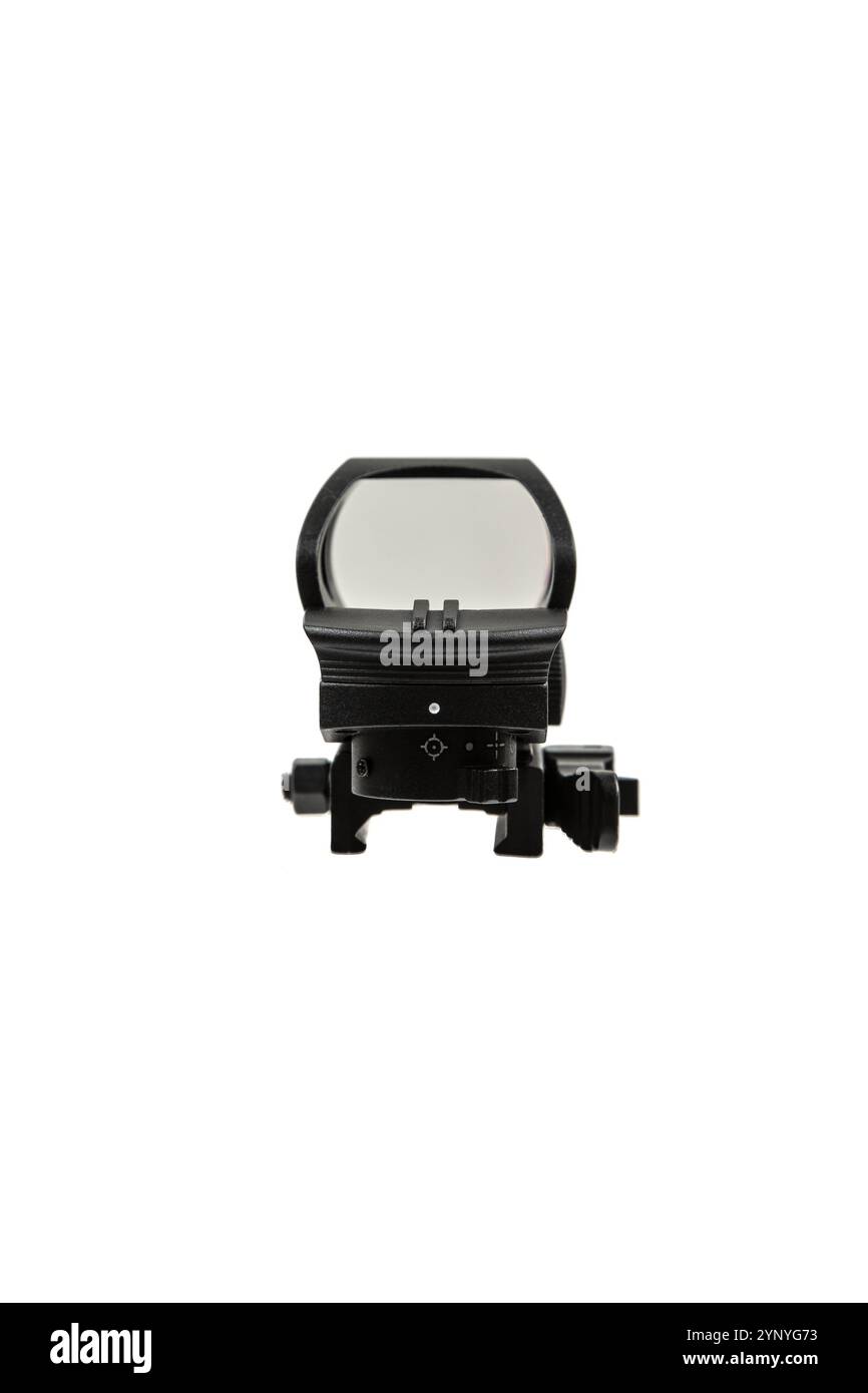 A black tactical reflex sight with adjustment knobs and a mounting base, designed for precision ...