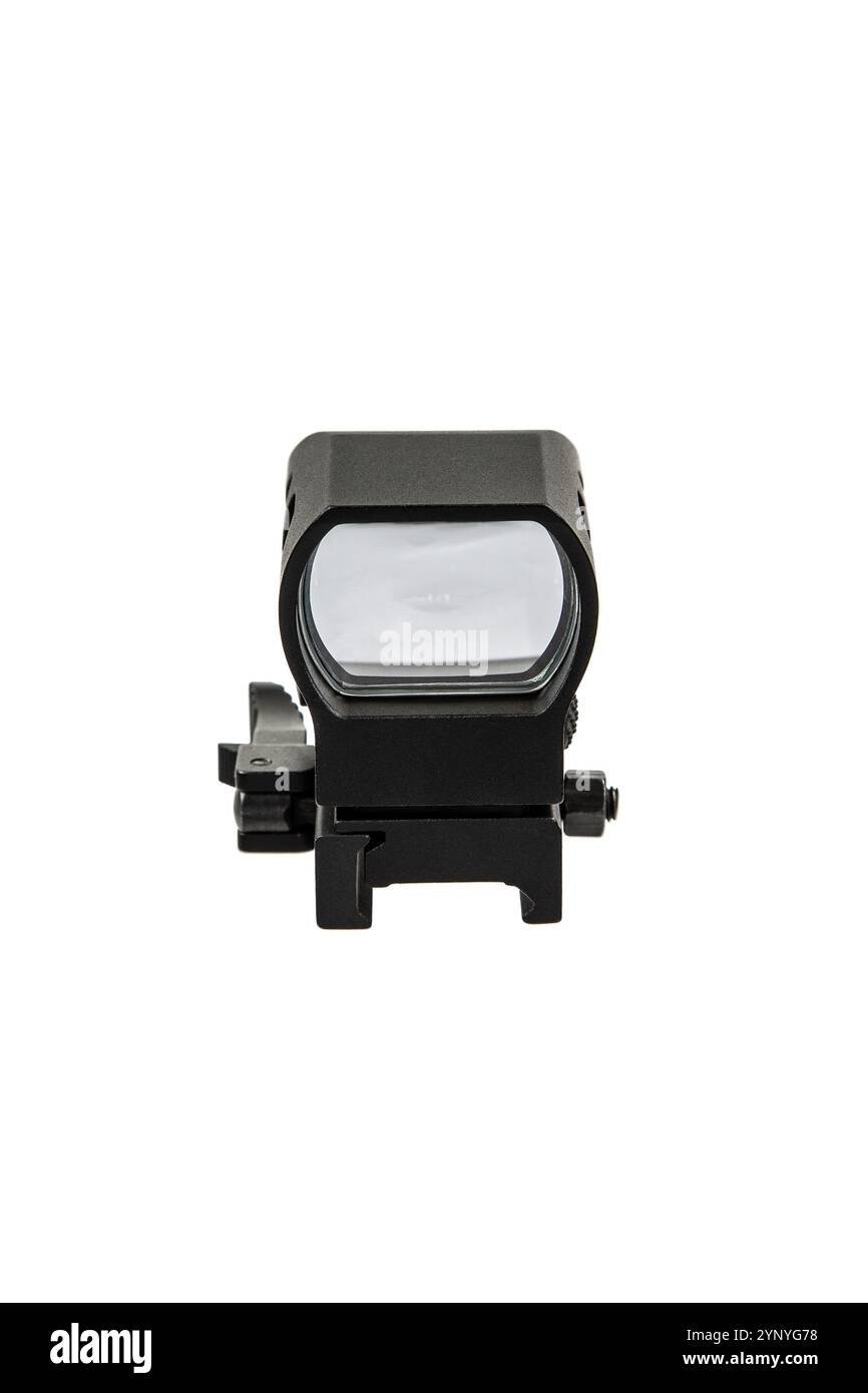 A black tactical reflex sight with adjustment knobs and a mounting base, designed for precision ...