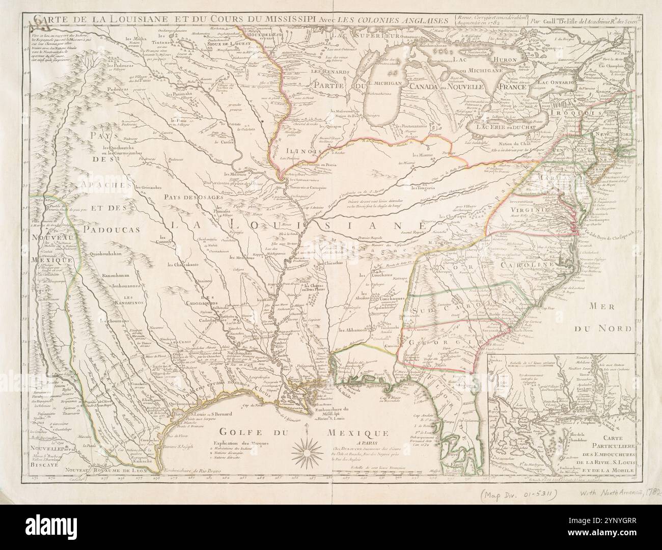 Carte de la Louisiane et du cours du Mississipi avec les colonies ...