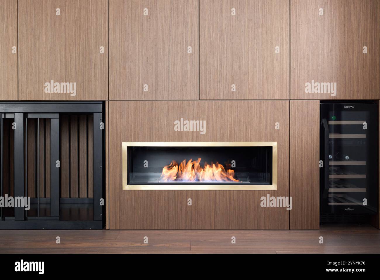 A modern elegant fireplace serves as a stunning centerpiece in a ...