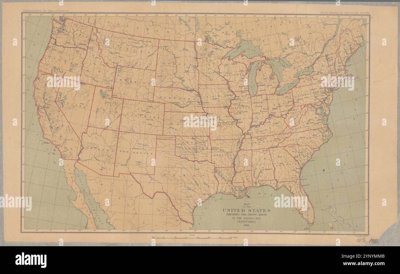 Map of the United States defining the gross areas of the states and ...