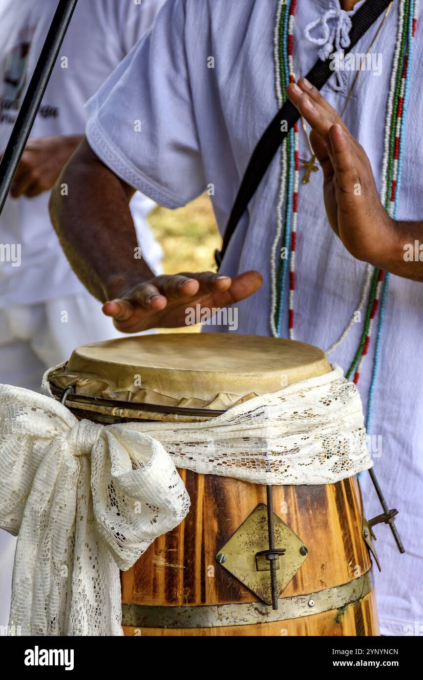 Drums decorated with fabric being used during an Umbanda ceremony in ...