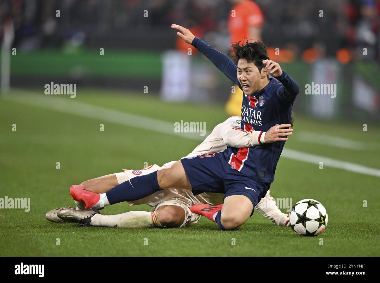 tackle, action, foul, Leon Goretzka FC Bayern Muenchen FCB (08) v Kang-in Lee FC Paris Saint ...