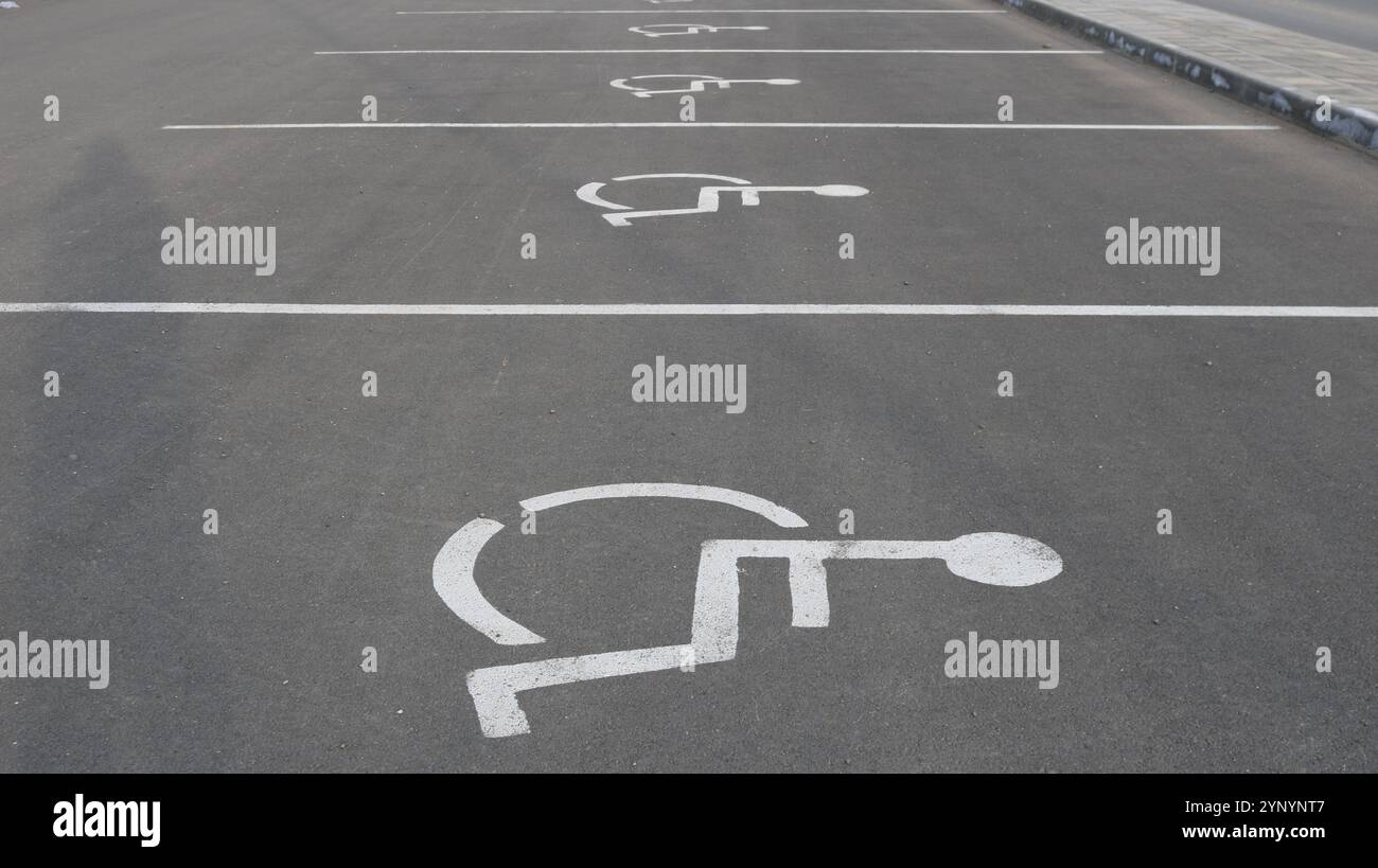 row of signs on asphalt painted with white paint indicating parking ...
