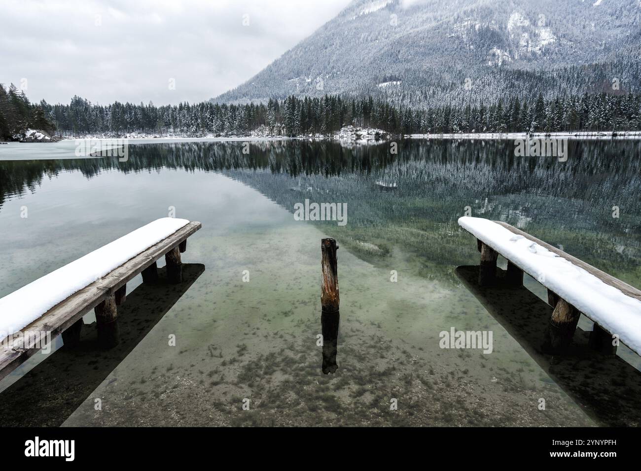 Lake Hintersee in winter with snow, National park Berchtesgadener Land ...
